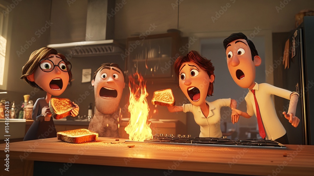 Animated Kitchen Fire Disaster with Shocked Family and Toast Stock ...