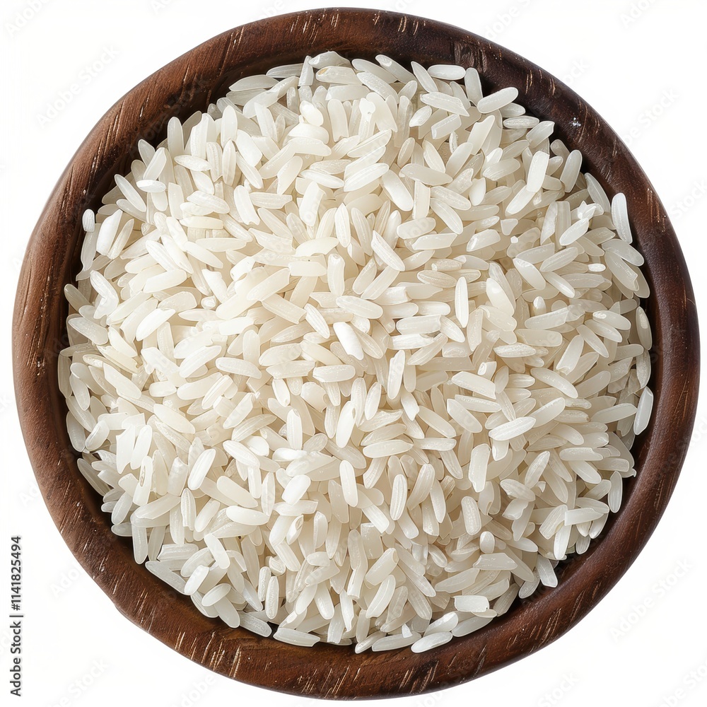 rice, a wooden bowl filled with uncooked white rice. The rice grains ...