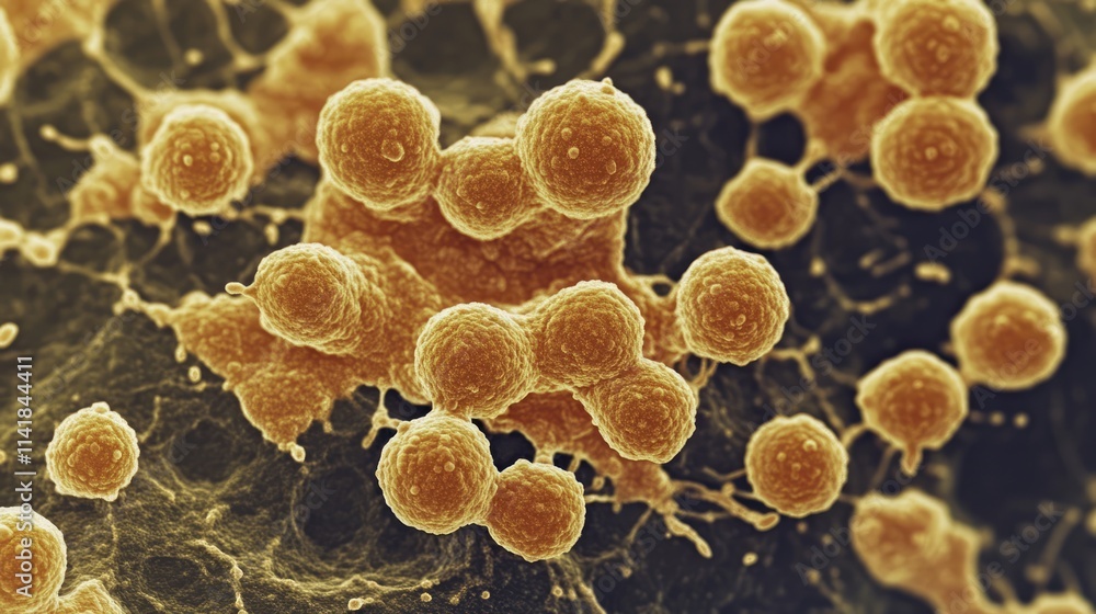 Detailed microscopic view of Staphylococcus aureus bacteria showcasing ...