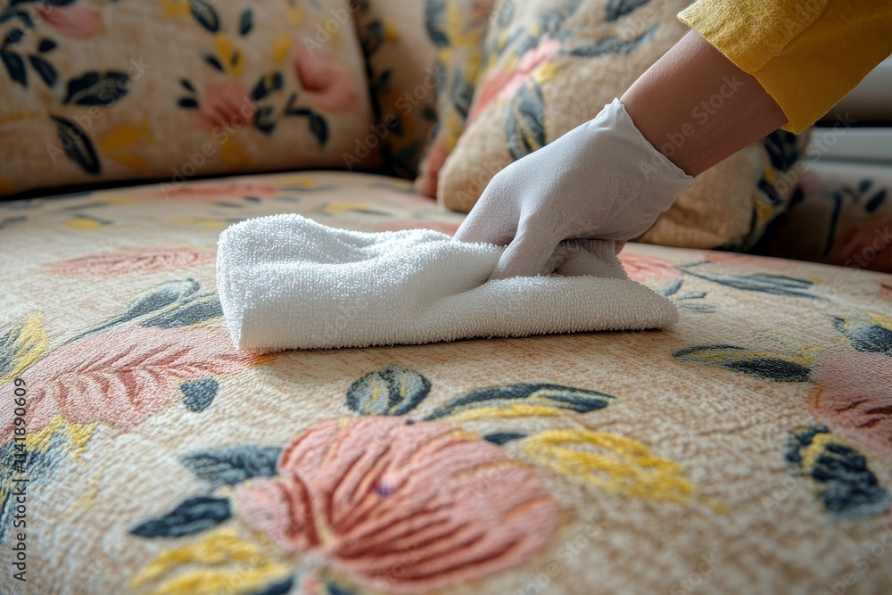 Housekeeper doing chores concept, Close-Up view of housemaid cleaning ...