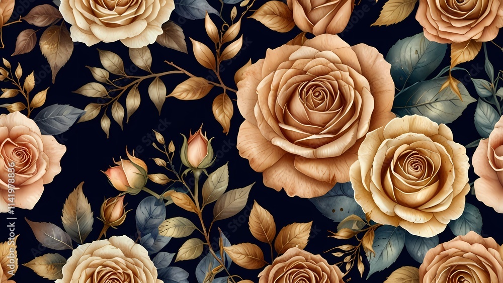 Watercolor Mocha Mousse roses collection garden flowers, leaves, gold ...