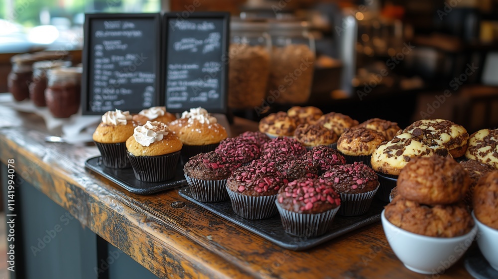 Artisan Bakery Display: A rustic wooden counter showcases an enticing ...