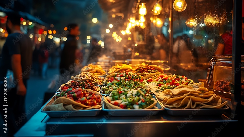 Side view of a small taco stand at night, tacos served on rustic metal ...