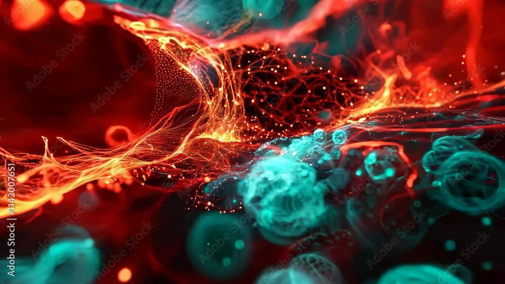 The image is a close-up of a cell with a red and black background. The ...