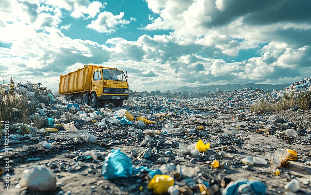 Trash dump landscape, overflowing garbage piles, plastic waste ...
