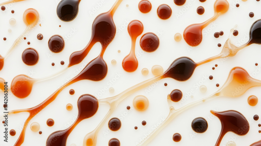 Spill soy or teriyaki hot sauces puddles and drippings. Isolated brown ...