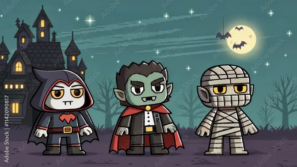 Classic Monsters Displayed are pixelated characters styled after ...