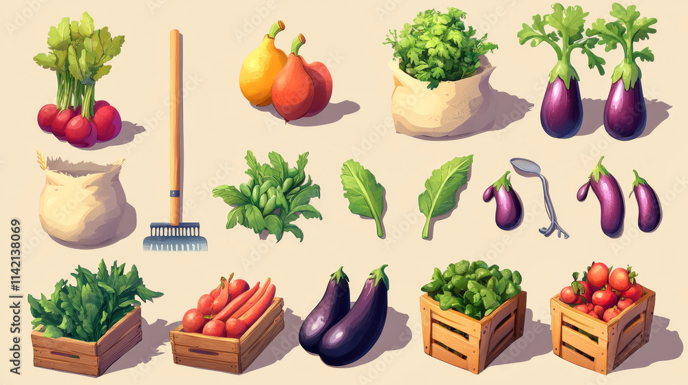 Cartoon set of farm game assets and harvest isolated on background ...