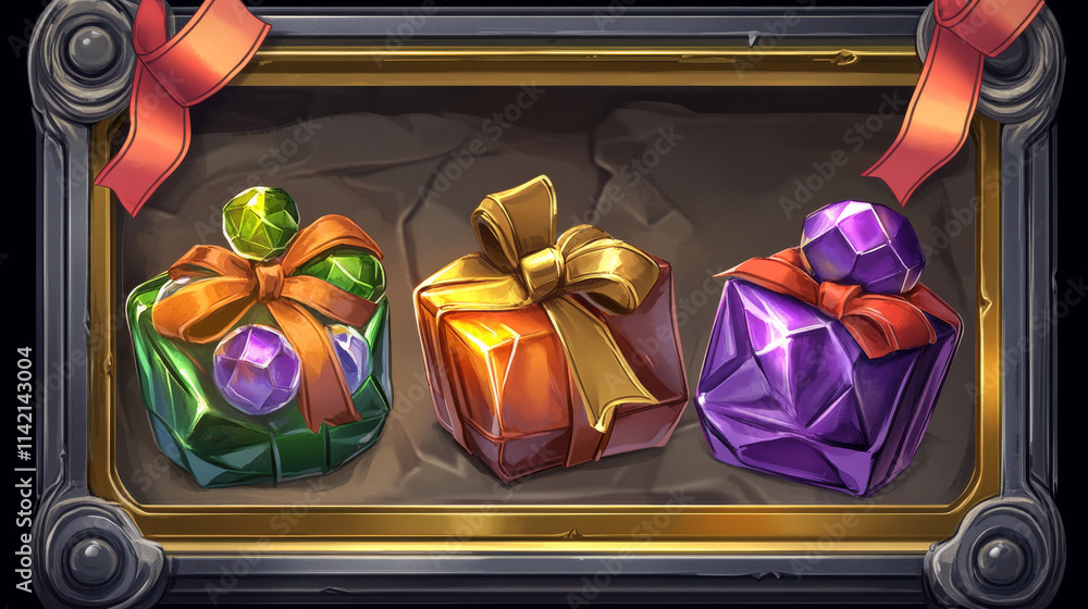 Daily reward frame with item icons for game gui design. Vector cartoon ...