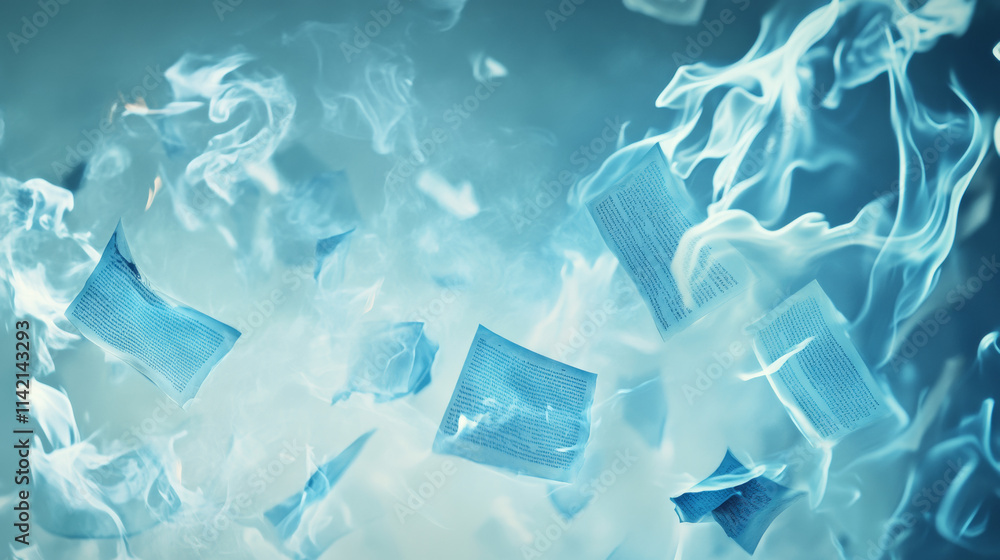 ภาพประกอบสต็อก Burning white paper sheets with blue fire and black ...