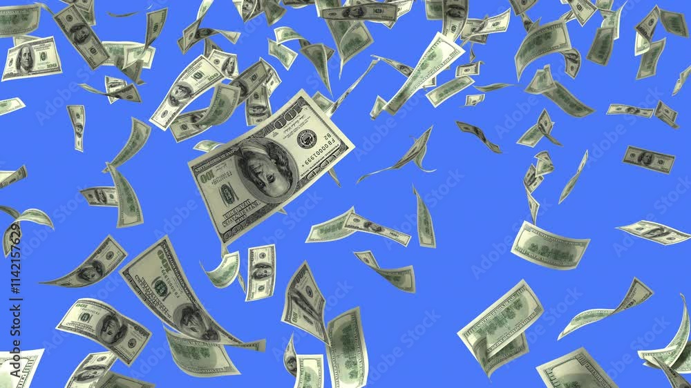 Money Rain, Close-Up Falling 100 Dollar Bills on a Blue Background ...
