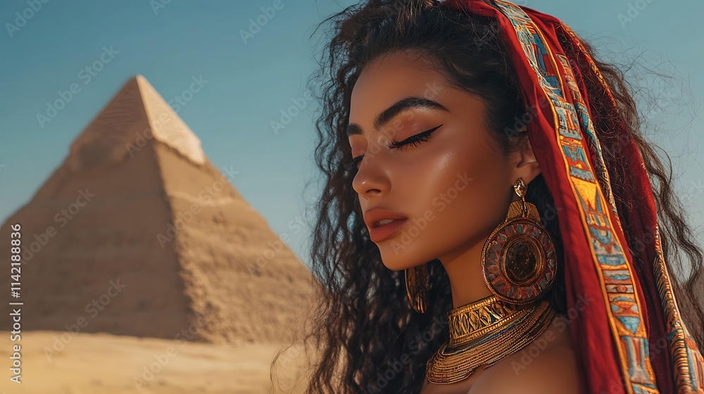 Egyptian female model wearing traditional attire, standing in front of ...