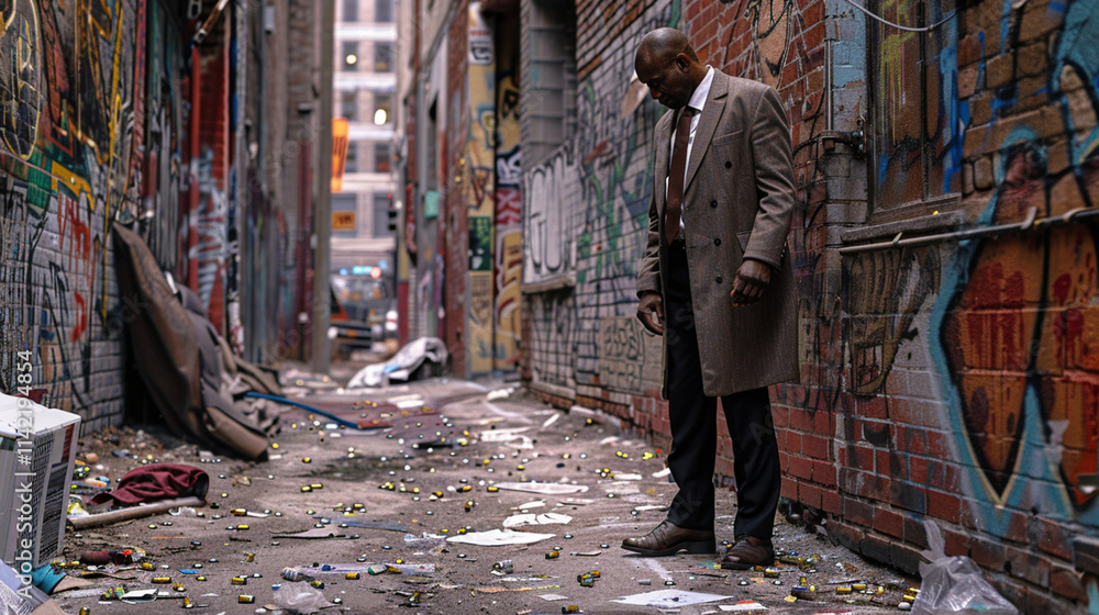 A detective inspects a graffiti-covered alleyway where a gang-related ...