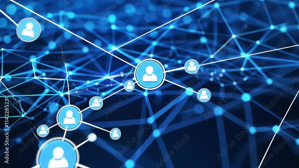 Complex network of interconnected glowing nodes forming a dynamic web of data visualization ...