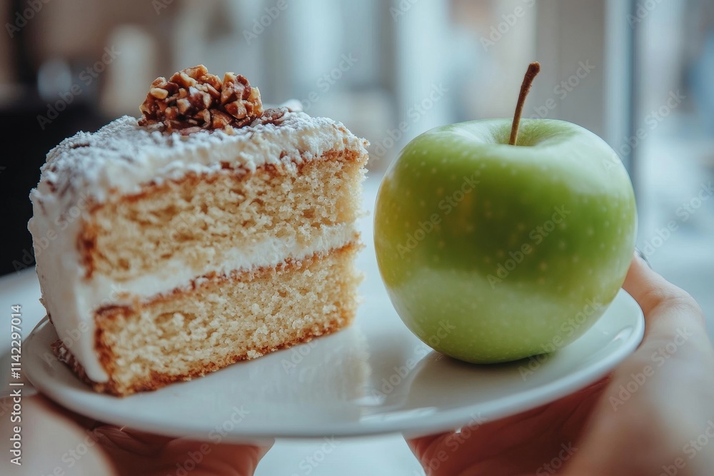 Choose right food for you health. Person eat dessert holding green ...