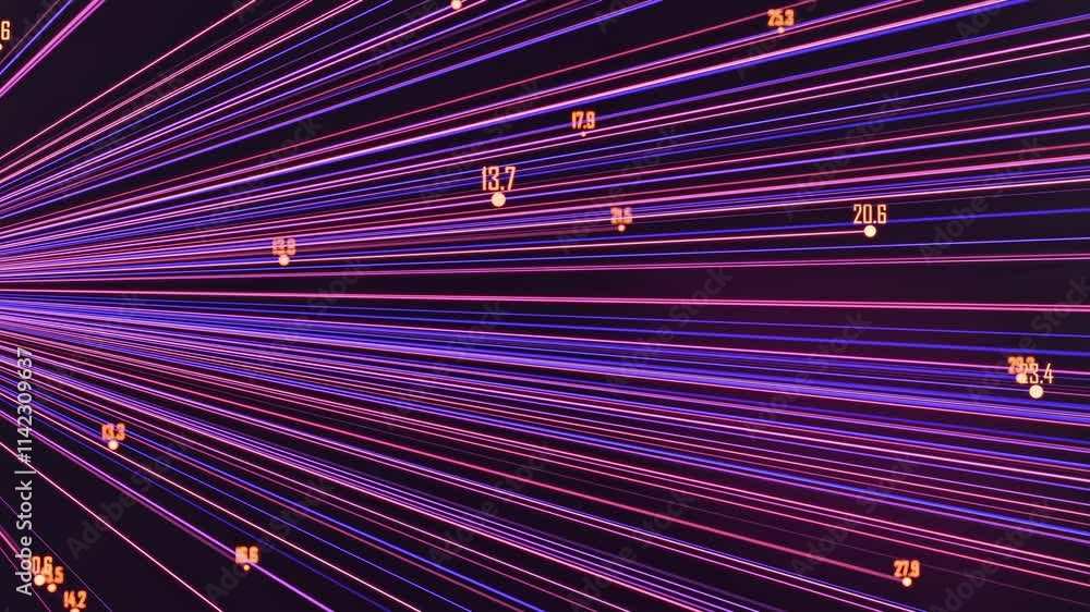Glowing orange numbers float along purple light beams in perspective. Dynamic digital data flow ...
