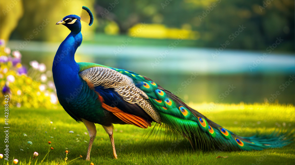 Peacock. A vibrant peacock with a long, colorful tail featuring eye ...
