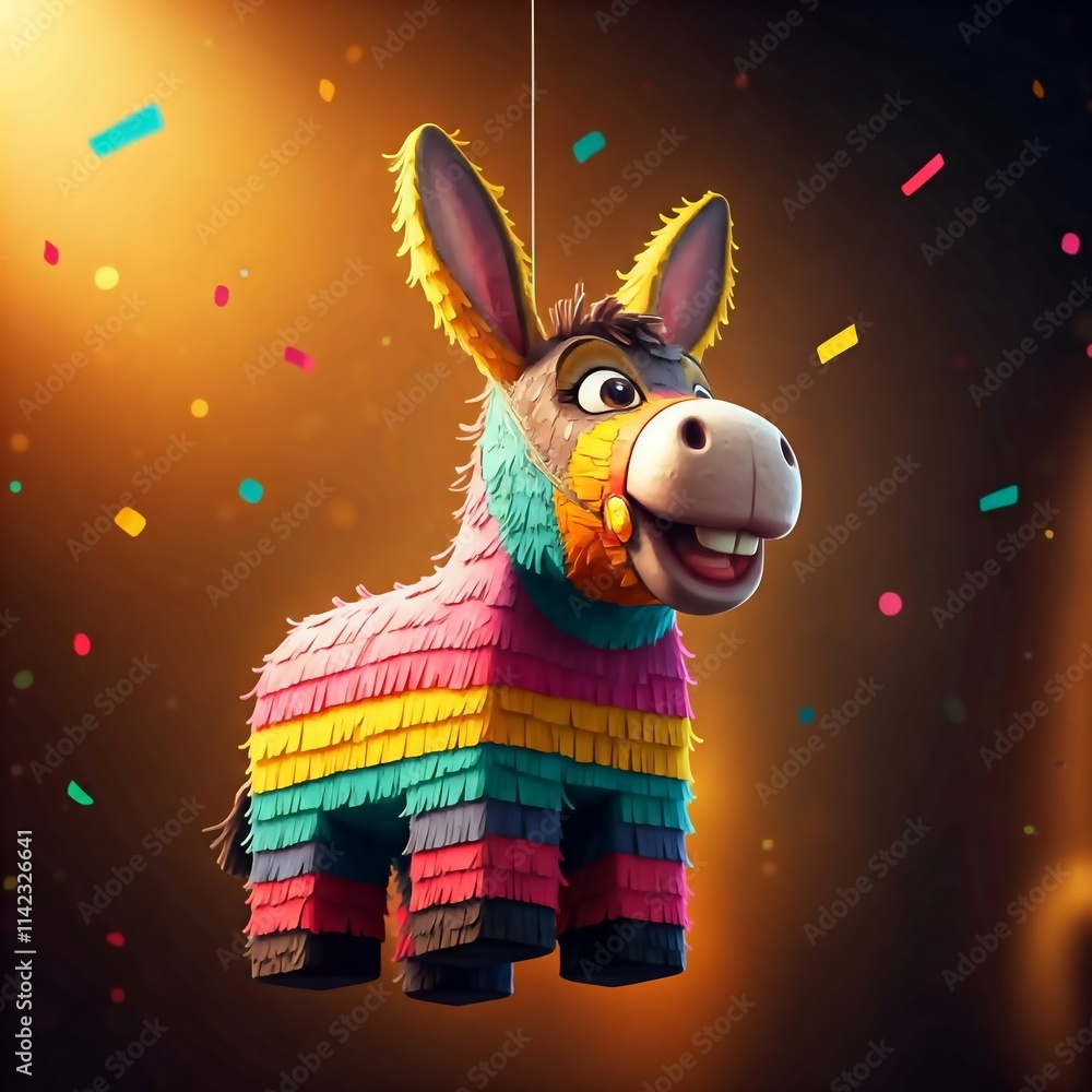 colorful and funny donkey piñata hangs amid falling confetti, set ...
