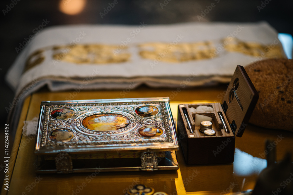 Fotka „Sacrament of baptism. Attributes of an Orthodox priest for ...