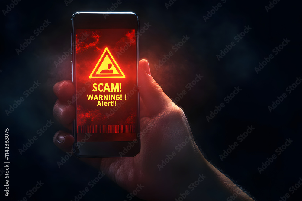 Phone scam warning concept with a bright red alert triangle, lock icon ...