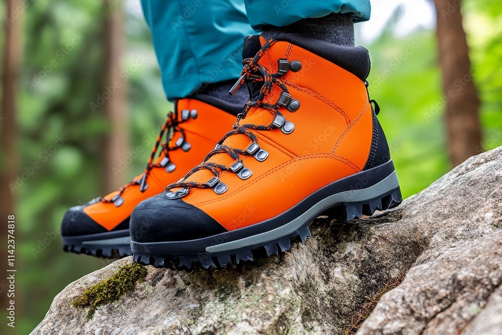 Feet in sturdy climbing shoes gripping a rock wall, showcasing strength ...
