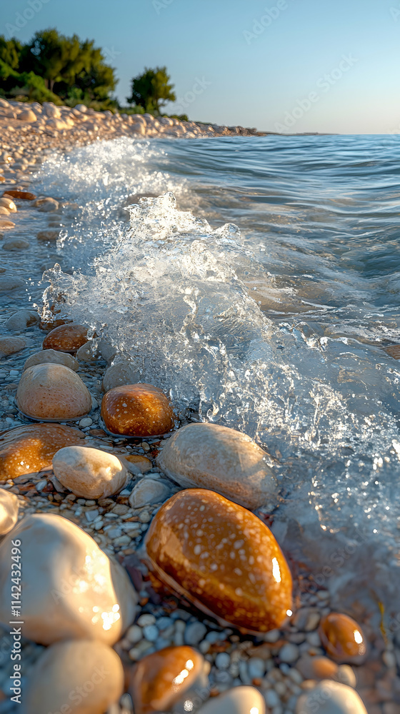Gentle wave washing over smooth pebbles on a tranquil beach, trees in ...