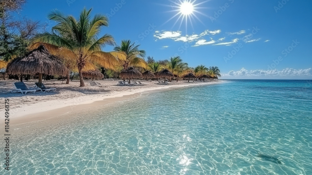 serene beach scene featuring crystal clear blue water, palm trees, and ...