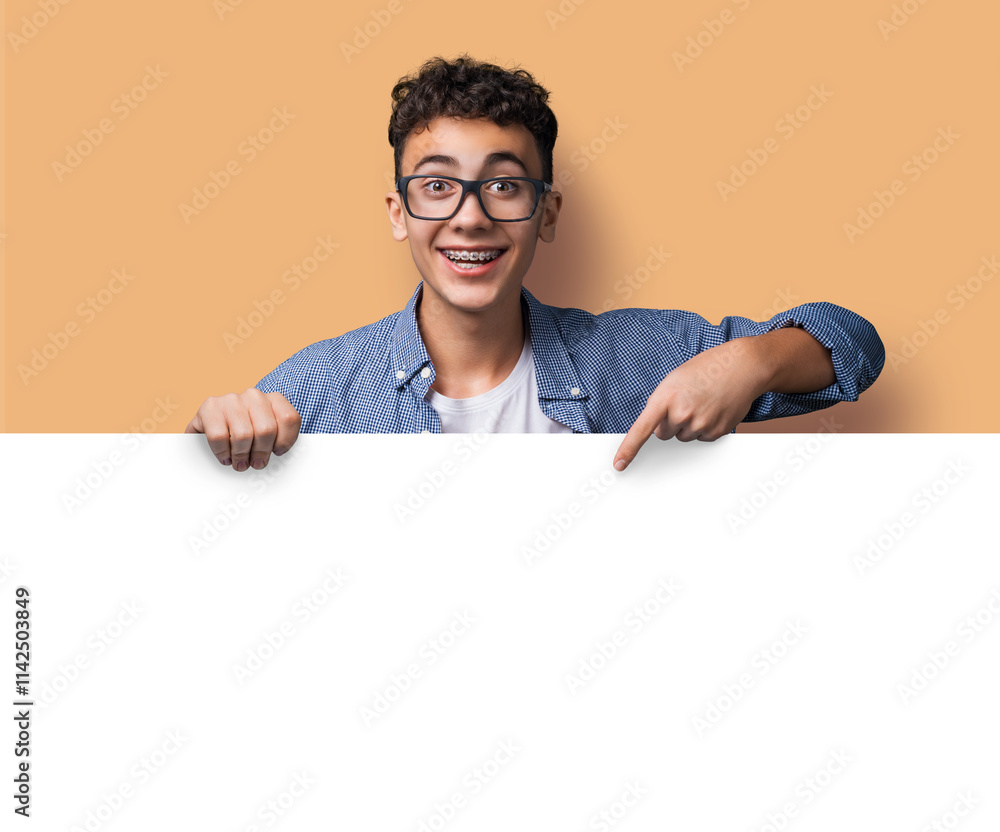Expressive happy man wear, eyewear glasses, braces, stand behind, peep ...