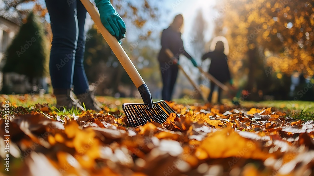 Volunteers using rakes and gloves to clean up fallen leaves and litter ...