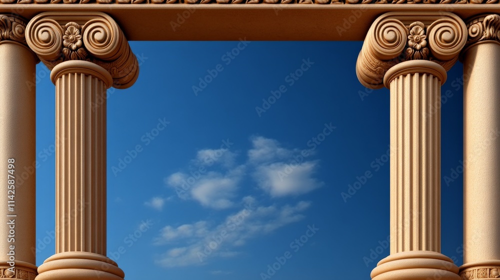 Classical Columns and Sky: Majestic ionic columns frame a vibrant blue ...