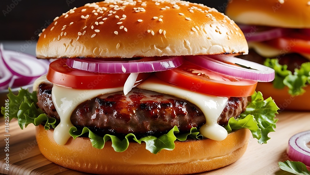 This high-quality image of a gourmet cheeseburger is a visual feast ...