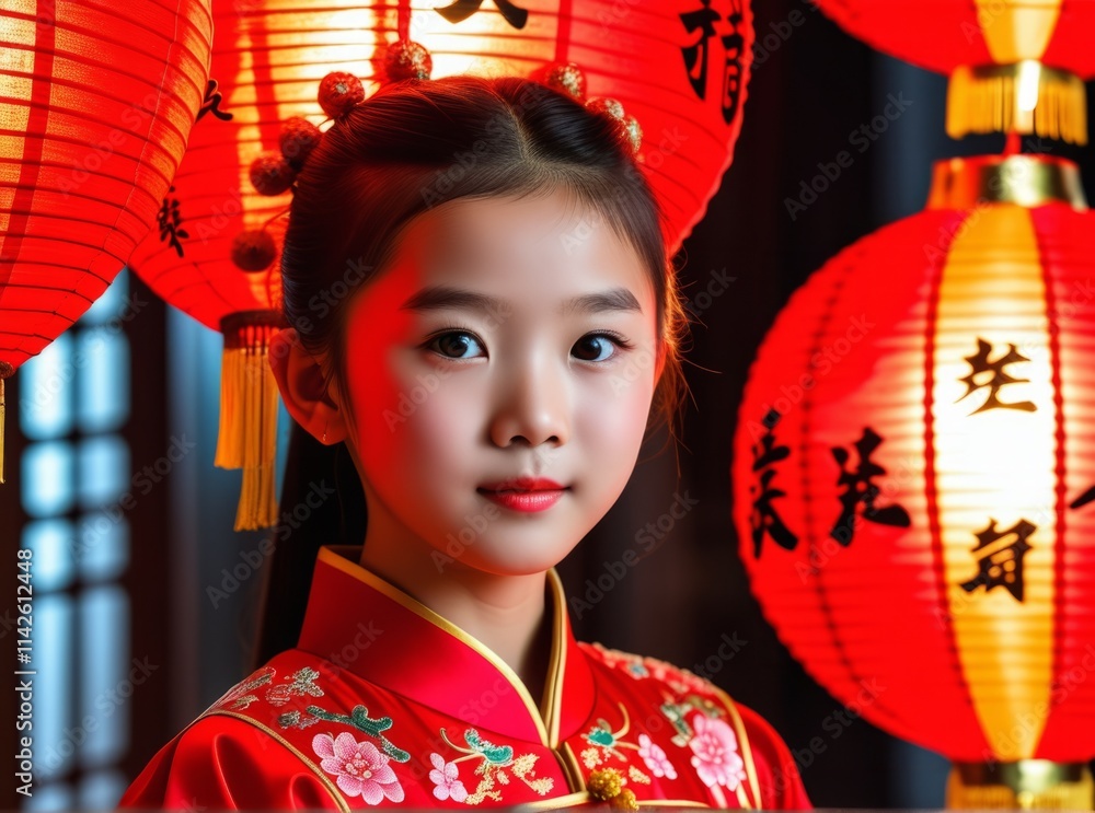 Young girl in traditional dress stands among glowing red lanterns ...