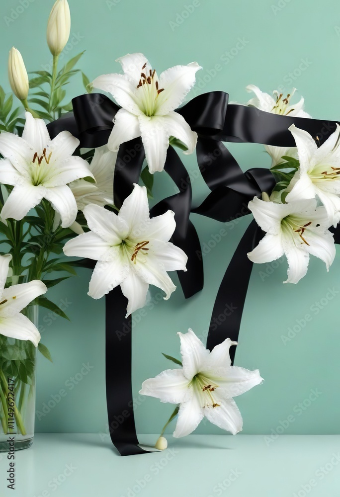 Elegant white lilies and black ribbon on mint background, funeral ...
