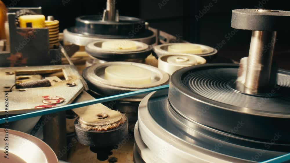 Tape audio music player, VHS studio magnetic tape, vintage retro spool ...