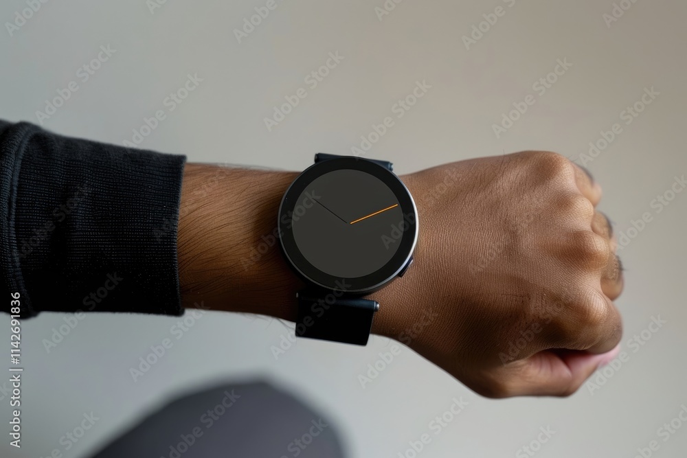 blank round smart watch on wrist, watch mockup. Man wearing round smart ...