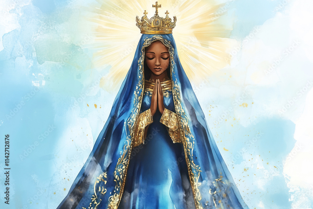 Mary, mother of Jesus, celebrated as an African saint in prayer. Golden ...