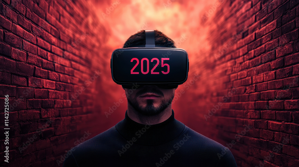 2025 Vision Board concept. Virtual reality user with headset in ...