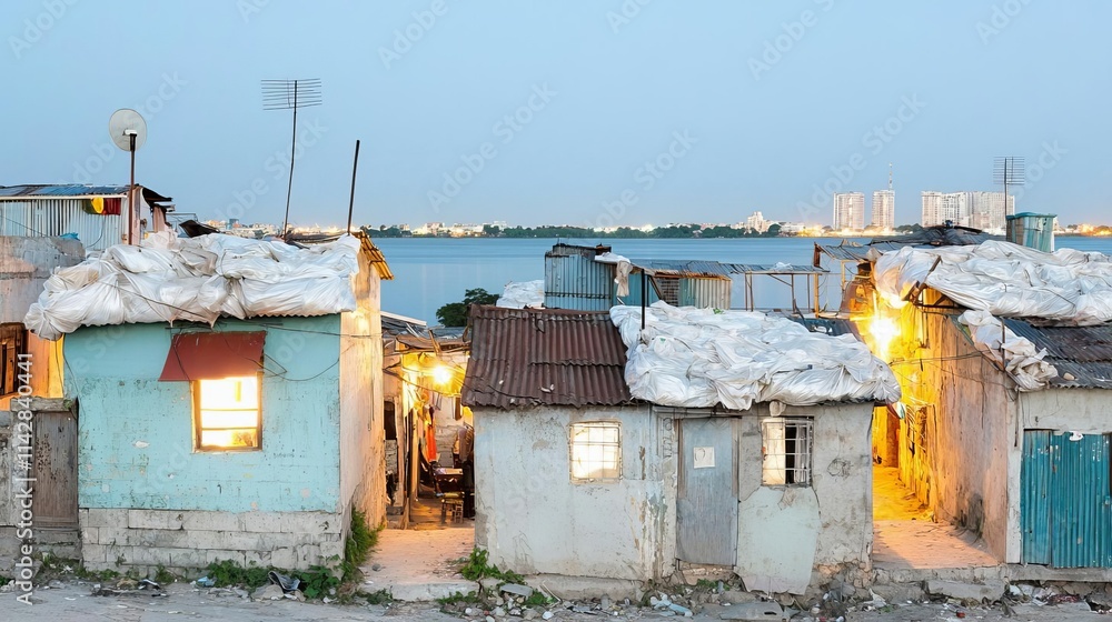Slum urban inequality concept. Dilapidated homes near a body of water ...