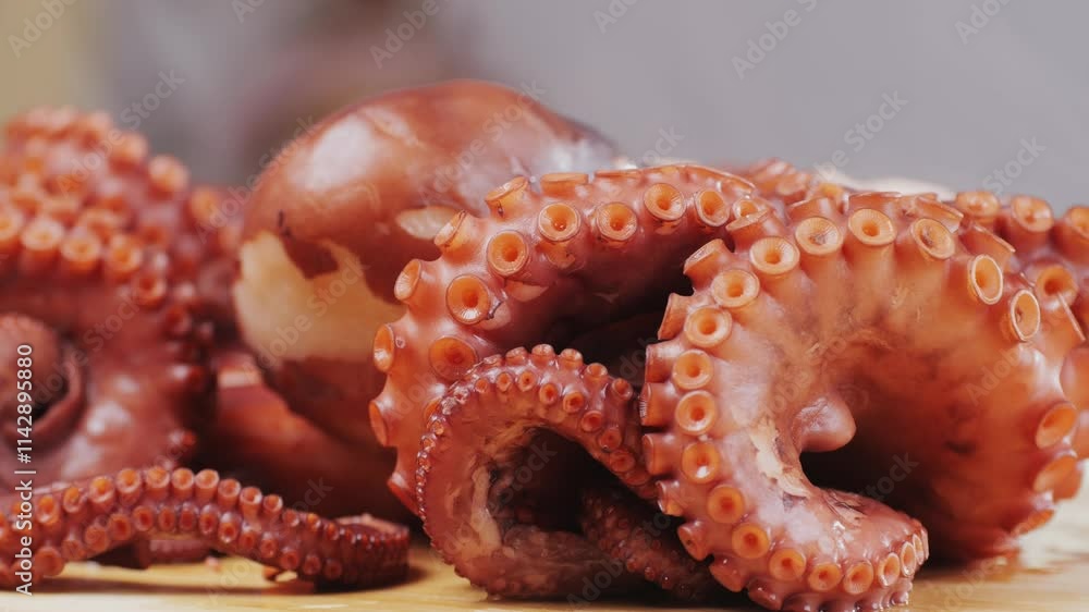 Octopus cooking, chef Boiling fresh octopus on restaurant kitchen ...