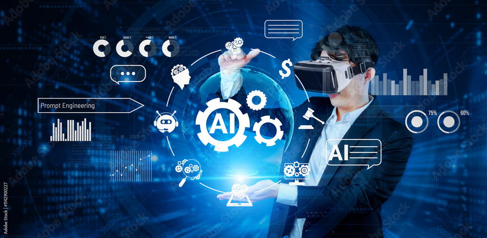 Smart businessman wearing suit and VR goggle while using AI assistance ...