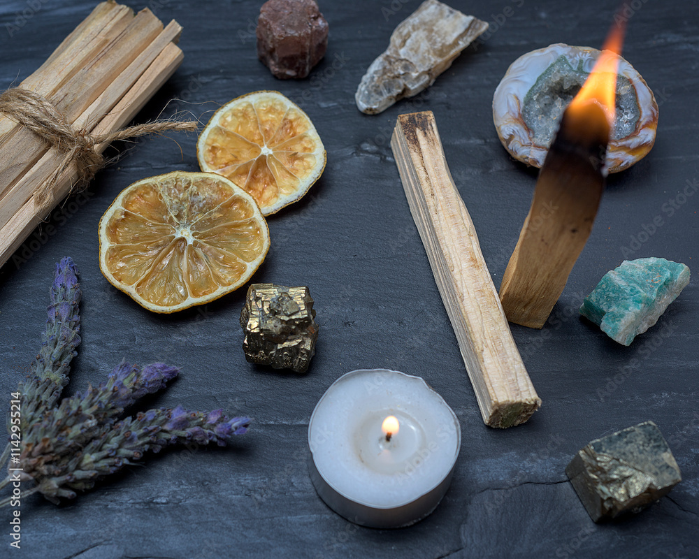 Ritual objects for spiritual practice, Palo Santo, candle and crystal ...
