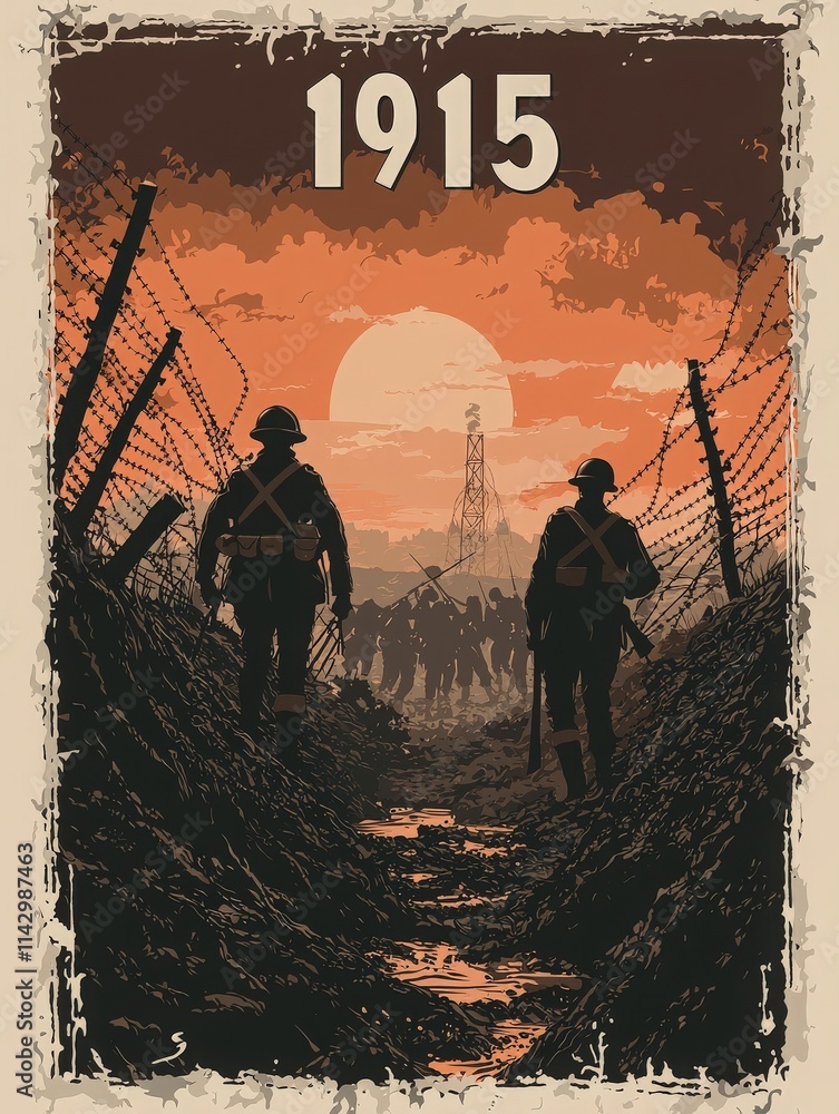Two soldiers traverse a muddy trench under a dramatic sunset, with ...