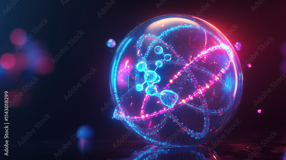 3D Globe with Orbiting Science Symbols and Glowing Electric Trails ...