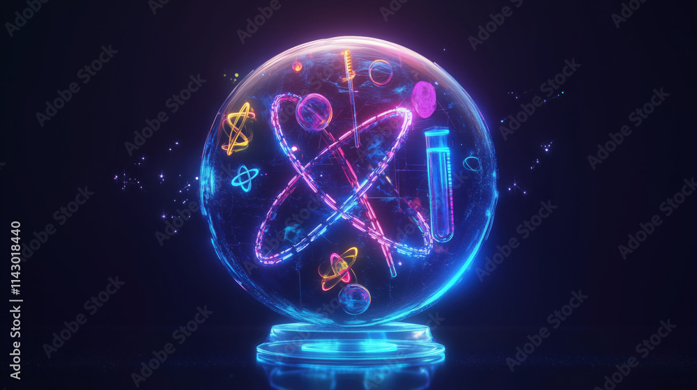 3D Globe with Orbiting Science Symbols and Glowing Electric Trails ...