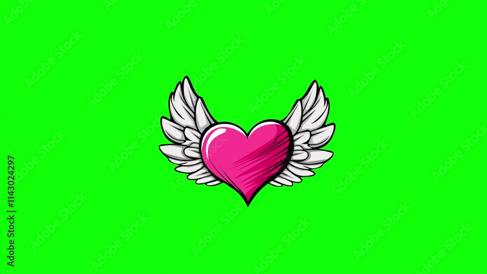 heart flying animation. love with wing motion on green screen ...