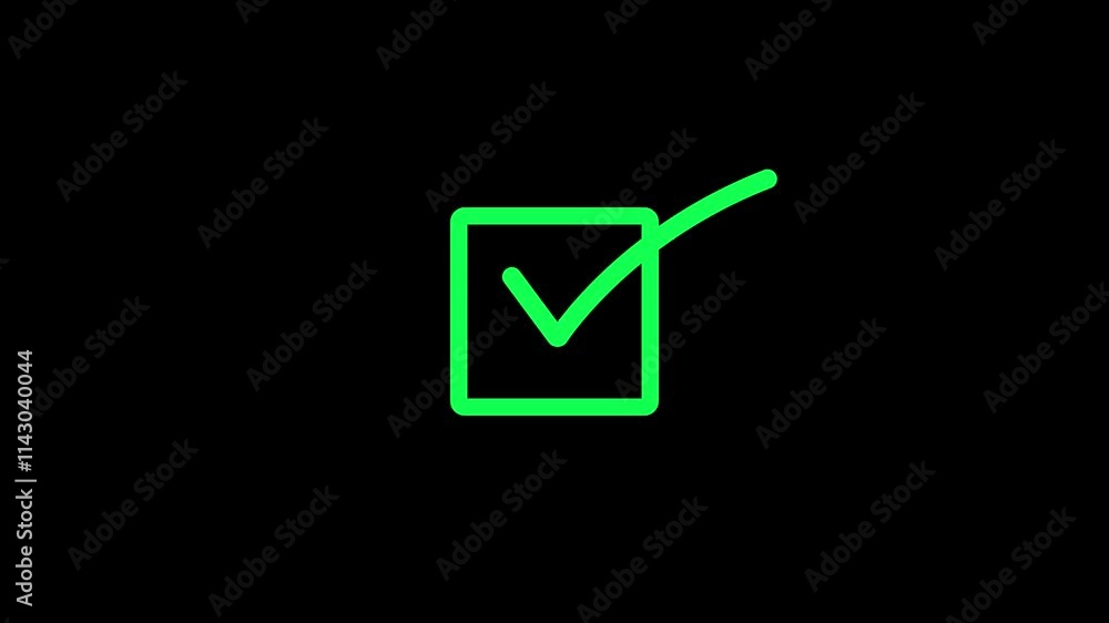 Check mark symbol in box isolated on black background. Video elements ...