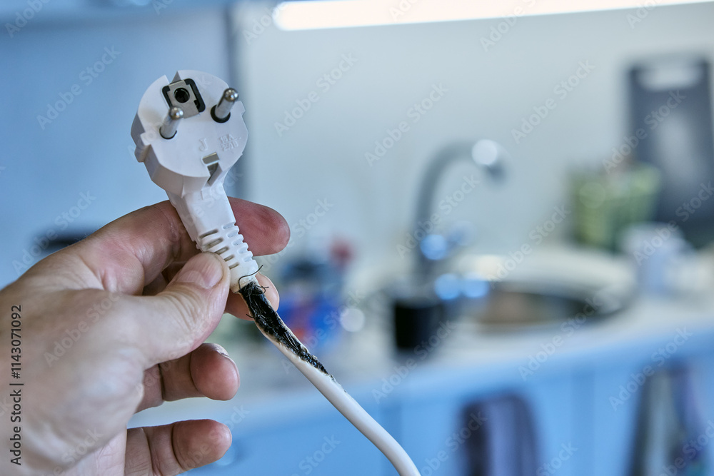 Burnt out cable with an electrical plug in hand of user who has ...