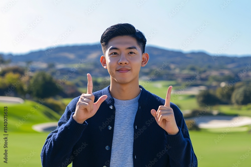 Asian man with short black hair and fair skin, wearing navy cardigan ...