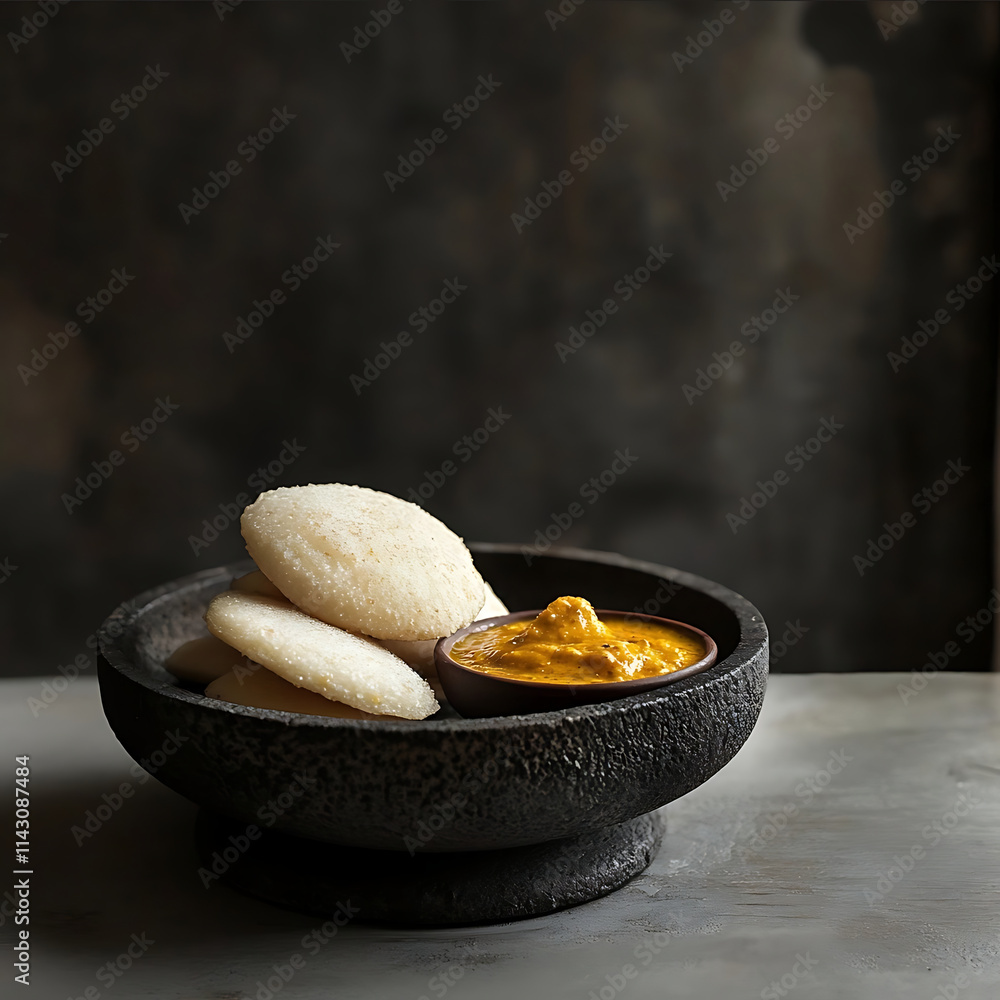 Idlis served in a traditional stone grinder plate with sambar and ...