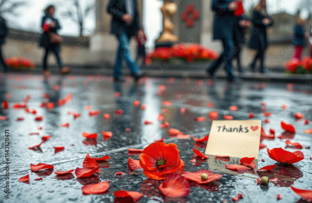 Handwritten note of thanks placed at war memorial. Red poppy petals ...